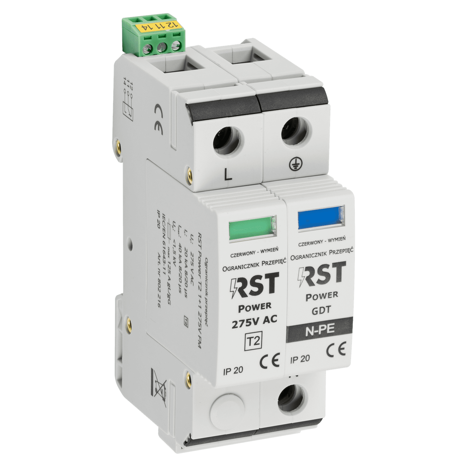 Ogranicznik przepięć RST Power T2 1+1 275V FM | do sieci jednofazowych ...
